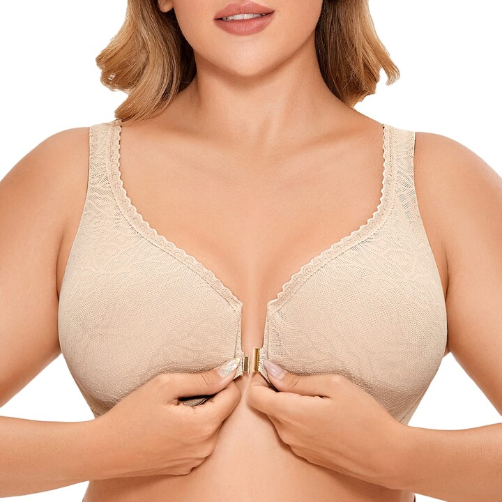 DELIMIRA Women's Front Closure Plus Size Underwire Unlined Full Coverage Lace Bra Beige 34H ...