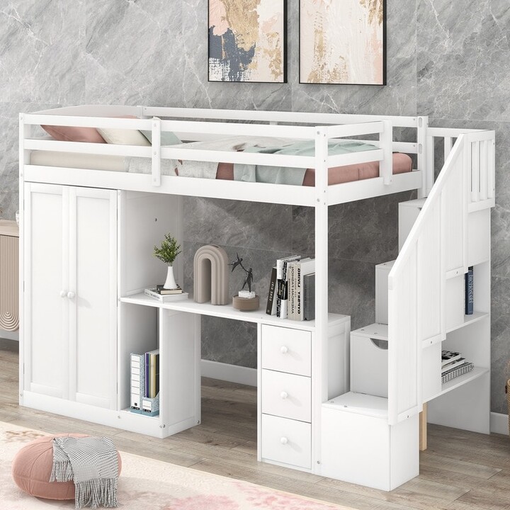 Twin Size Loft Bed with Wardrobe, Staircase,Desk,Drawers and Cabinet ...