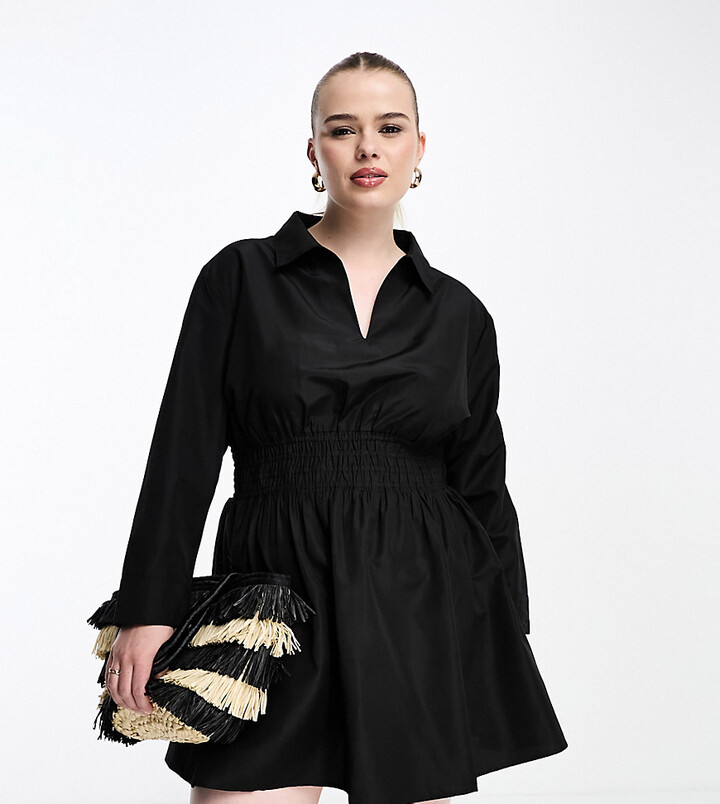 Threadbare Threabdare Plus poplin ruched waist shirt dress in black ...
