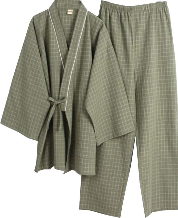 thefancypumpkin Men's Japanese Style Robes Pure Cotton Kimono Pajamas Suit Dressing Gown Set-#06 ...
