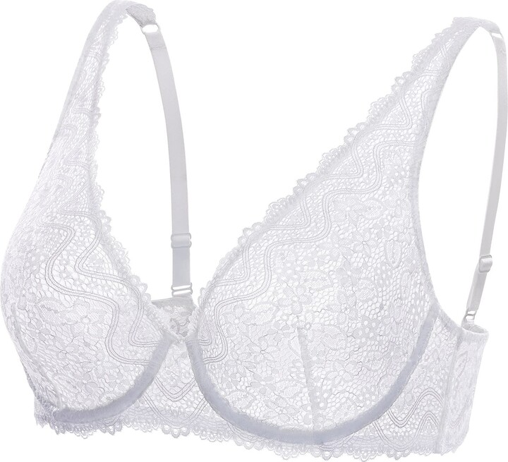 DOBREVA Women's Plunge Lace Bra Plus Size Sexy See Through Underwired Non Padded Bralette White ...