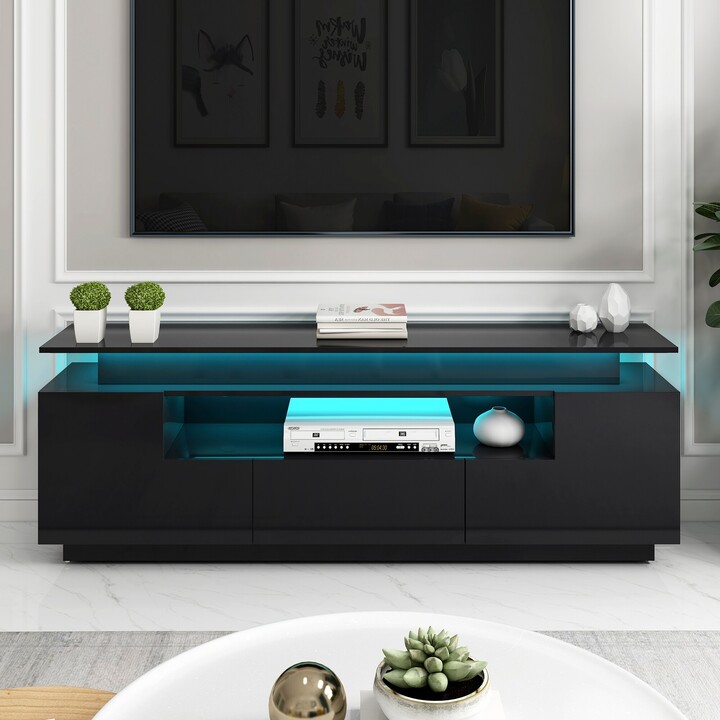 GEROJO Black Modern TV Stand with Plug-in Color Changing LED Lights ...