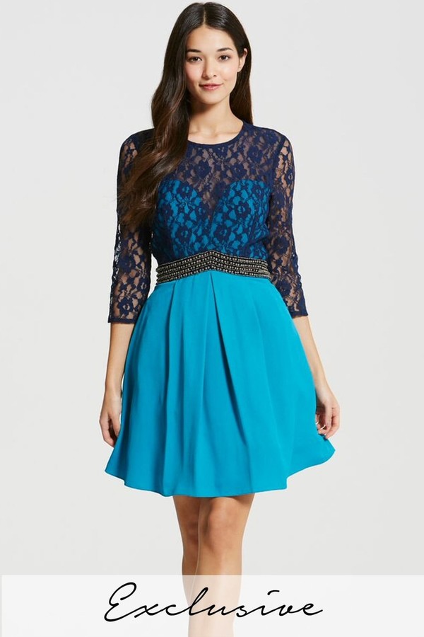 Little Mistress Navy and Turquoise Lace Mini Dress - ShopStyle