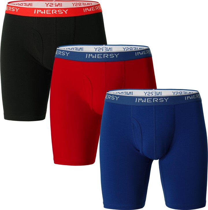 INNERSY Mens Long Leg Boxers Anti Chafing Shorts Cotton Trunks with Fly ...