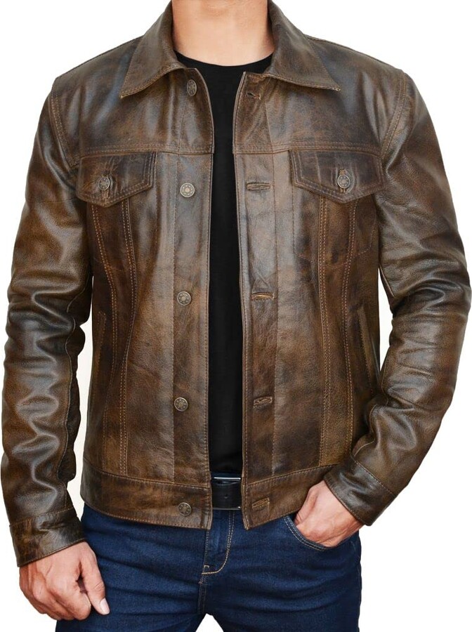 LP-FACON Mens Trucker Leather Jacket - Slim Fit Classic Trucker Real ...