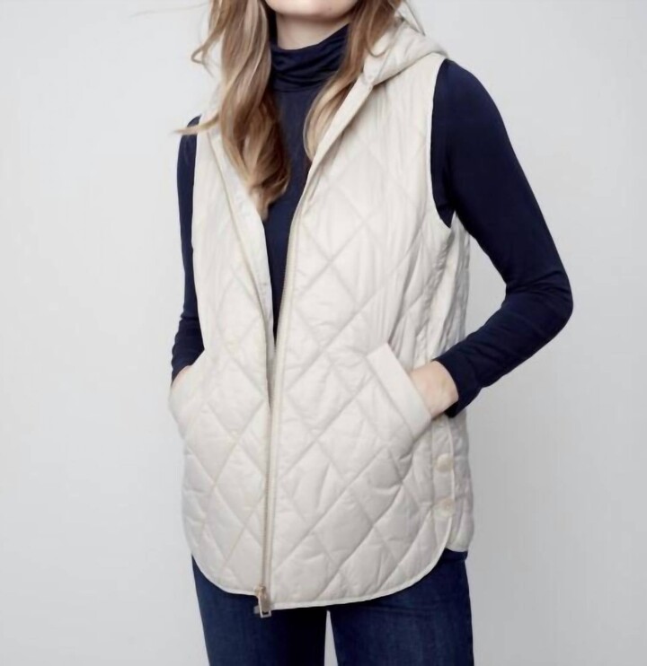 Charlie B C6269-388B - Hooded Short Quilted Vest In Almond - ShopStyle
