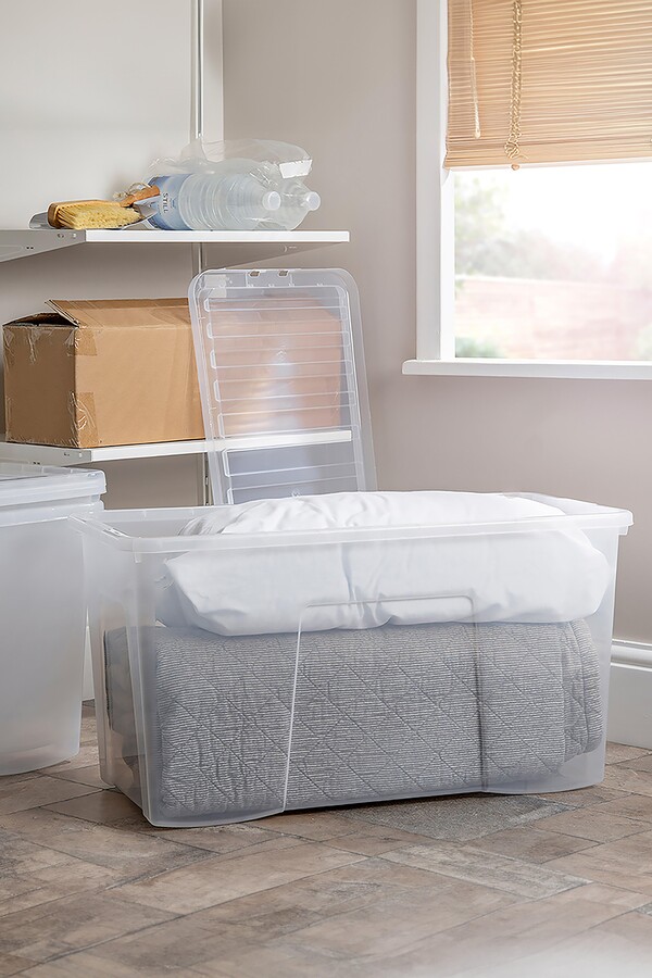Wham Crystal 3 x 110L Stackable Plastic Storage Boxes with Lids Clear ...
