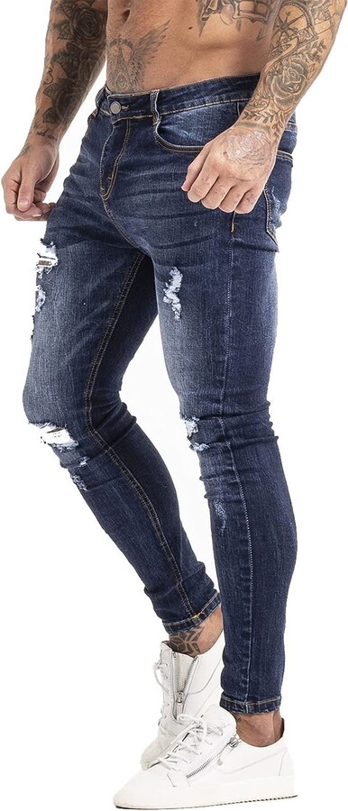 GINGTTO Ripped Jeans Men Blue Skinny Stretch Jeans Men Slim Fit Jeans ...