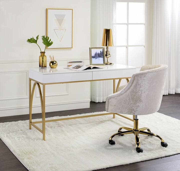 ofwood White High Gloss Rectangular Writing Desk , Gold Trestle Base ...