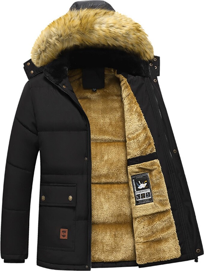 ANUFER Men's Thermal Winter Parka Jacket Thick Fluff Lining Cotton ...