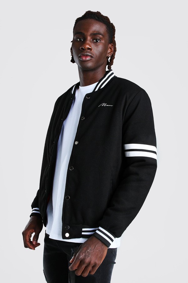boohoo Mens Black MAN Script Wool Look Varsity Bomber, Black - ShopStyle