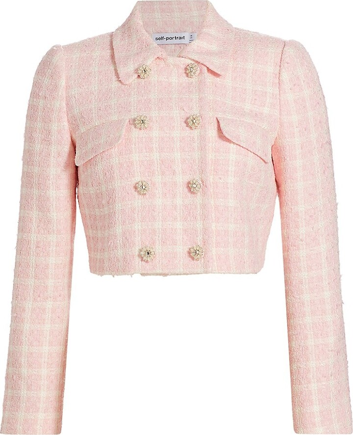 Self-Portrait Women's Bouclé Check Crop Jacket - Pink - Size 10 - ShopStyle