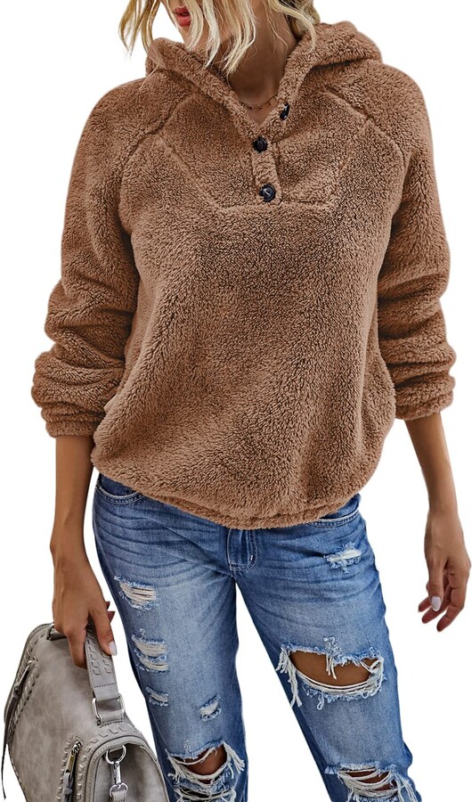 Les umes Women's Fluffy Fleece Pullover Hoodie Long Sleeves Soft Teddy ...