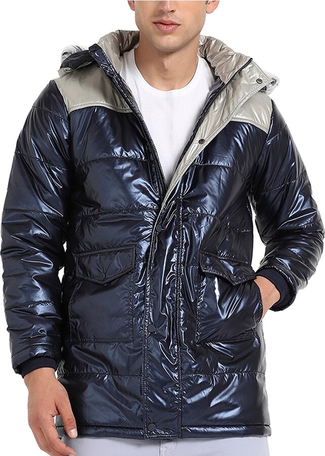 Campus Sutra Men's Blue & Beige Zip-Front Puffer Jacket With Fur Detail ...