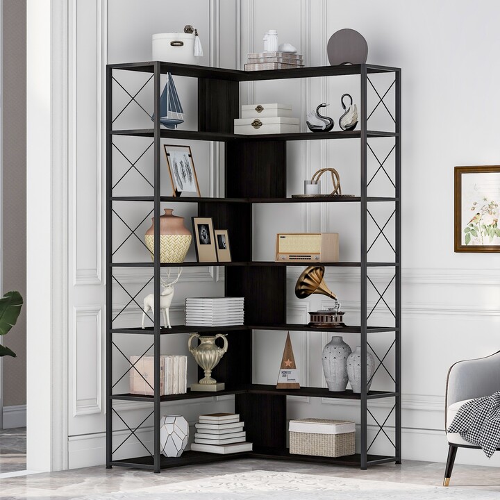 7-Tier Bookcase Home Office Bookshelf, L-Shaped Corner Bookcase with ...