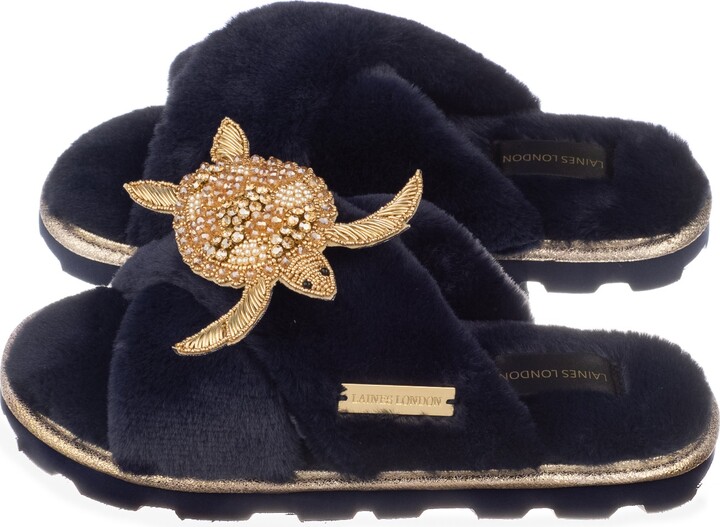 LAINES LONDON - Ultralight Navy Chic Slipper Sliders With Artisan Gold ...
