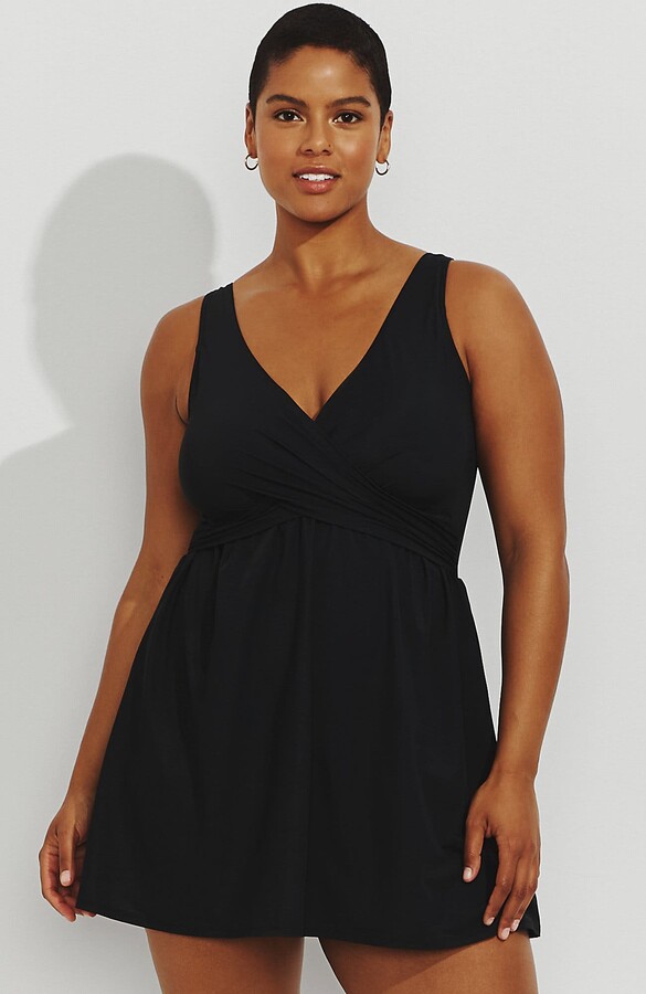 Lands' End Plus Size Slender Suit Shine Wrap Swim Dress Swimsuit ...