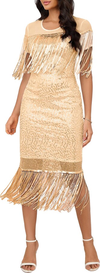 VERWIN Women's Fringe Maxi Dress Sequins Short Sleeve Tassels Dress ...