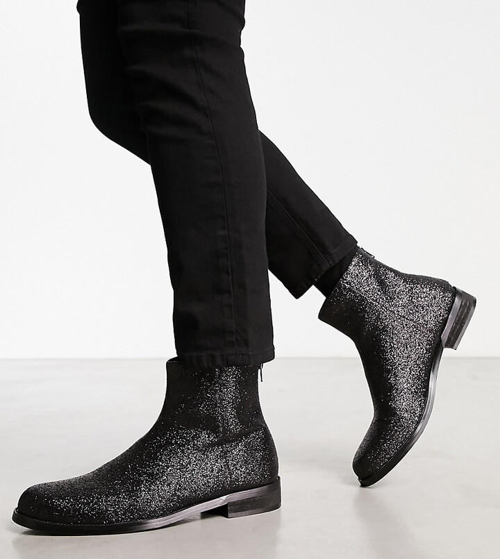 London Rebel X wide fit smart formal ankle boots in black fine glitter ...