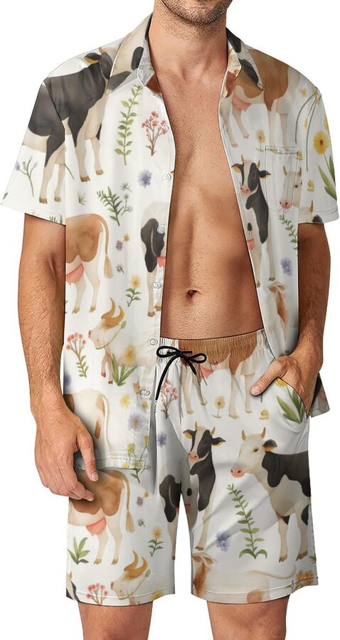 XJLAPWS Button-Down Shirt And Short Set Animal Cows Patterns Men's ...