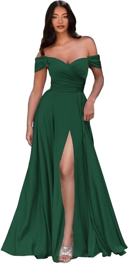 HYEC7 Off Shoulder Silk Satin Prom Dresses Long Elegant Evening Dresses with Slit Mermaid ...