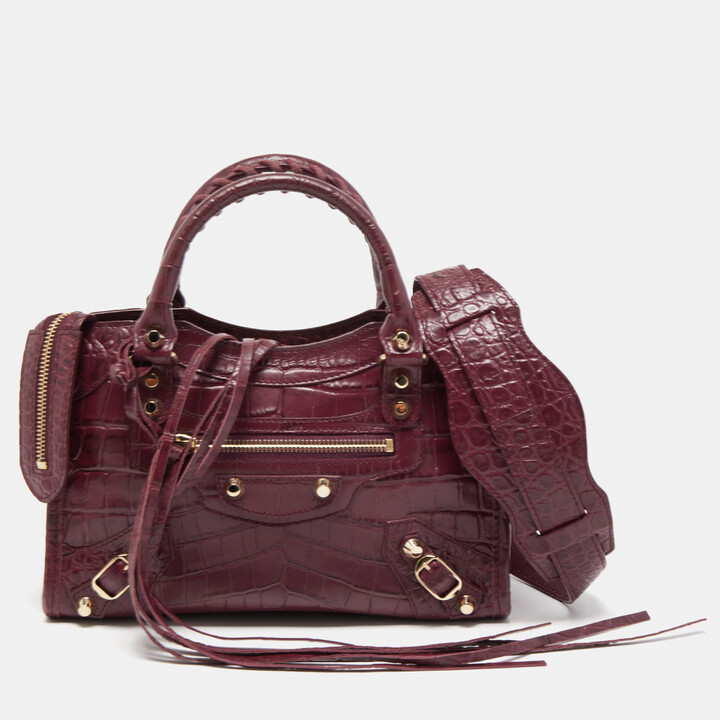 Balenciaga Burgundy Croc Embossed Leather Mini Classic City Bag - ShopStyle