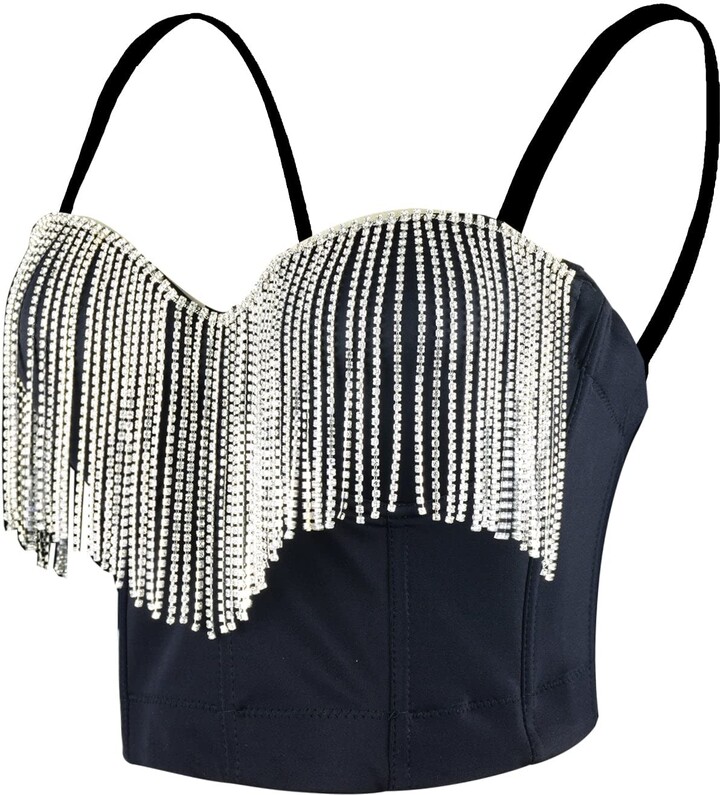 ELLACCI Women's Tassel Rhinestone Bustier Crop Top Corset Top Bra Black ...