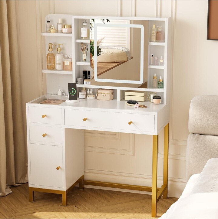 gaomon Vanity Desk with Mirror and Lights, Large Makeup Vanity with ...