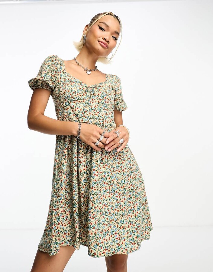 Daisy Street puff sleeve mini tea dress in vintage ditsy - ShopStyle