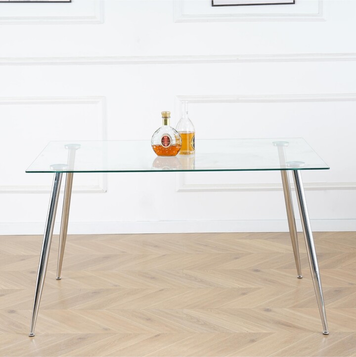 Simplie Fun 51" Rectangular Glass Dining Table, Chrome Metal Legs ...
