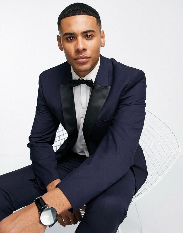 ASOS DESIGN skinny wool tuxedo jacket in navy with black lapels ...