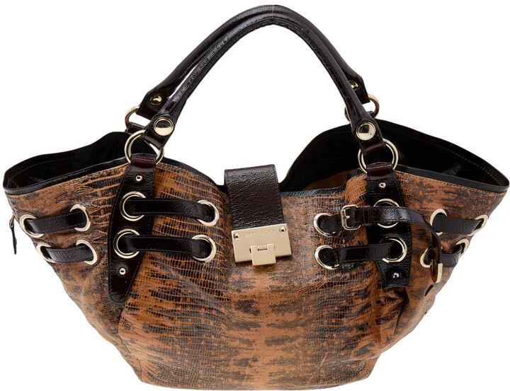 Jimmy Choo Brown Lizard Embossed and Patent Leather Hobo - ShopStyle