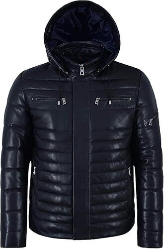 Smart Range Leather Men's Puffer Hooded Lambskin Leather Jacket Navy ...
