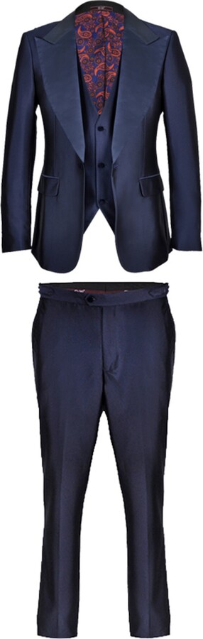 Men's David Wej Signature Three Pieces Satin Peak Lapel Tuxedo - Navy ...