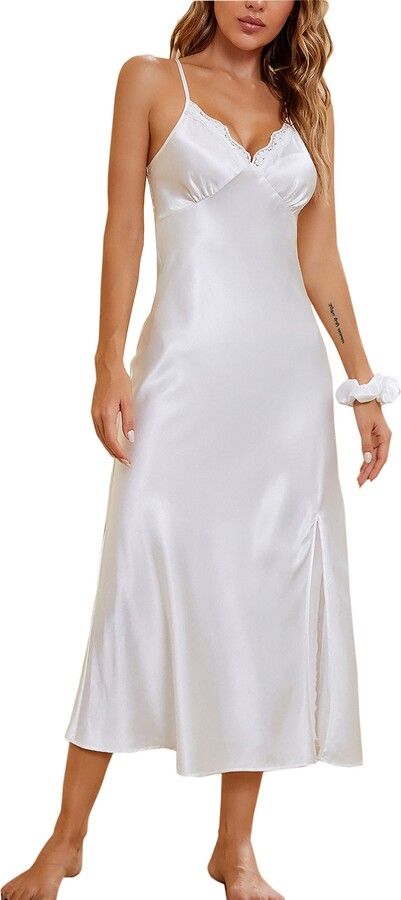 Alcea Rosea Women's Long Satin Negligee Nightgowns Lace Lingerie ...