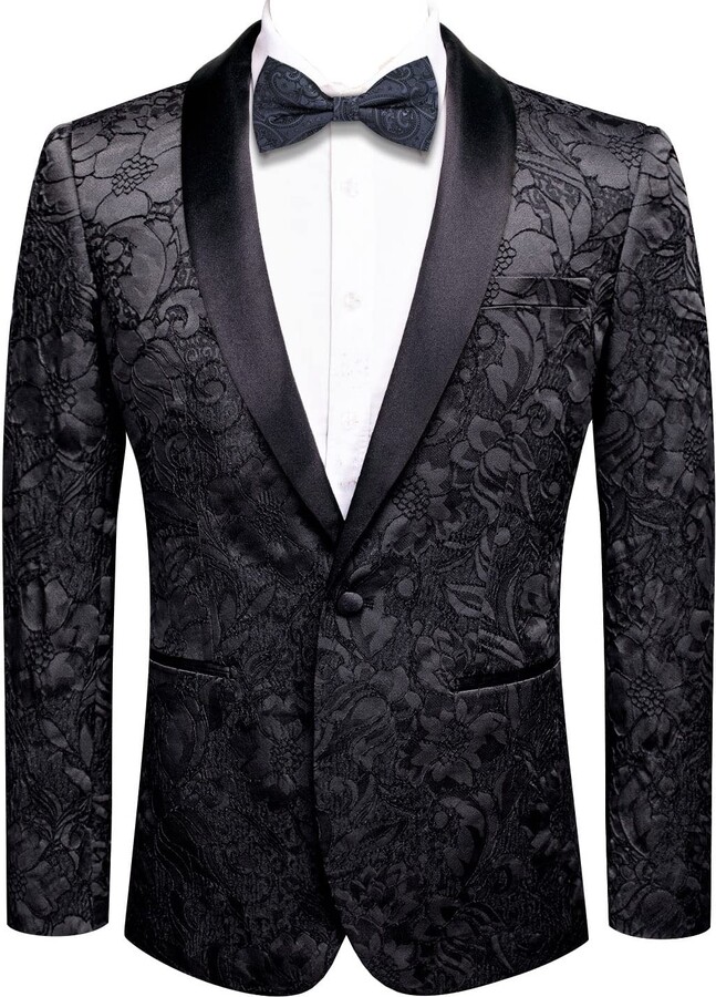 Hi-Tie Black Embroidered Floral Wedding Suits for Men Jacquard Woven ...