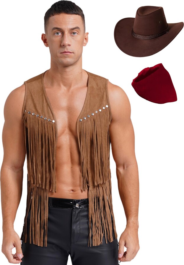 Nyeemya Men's Vintage Tassel Cowboy Outfits Vest Hat and Bandanna ...