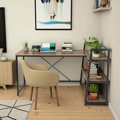 17 Stories L-Shaped Computer Desk With Bookshelf Switchable 3-Tier ...