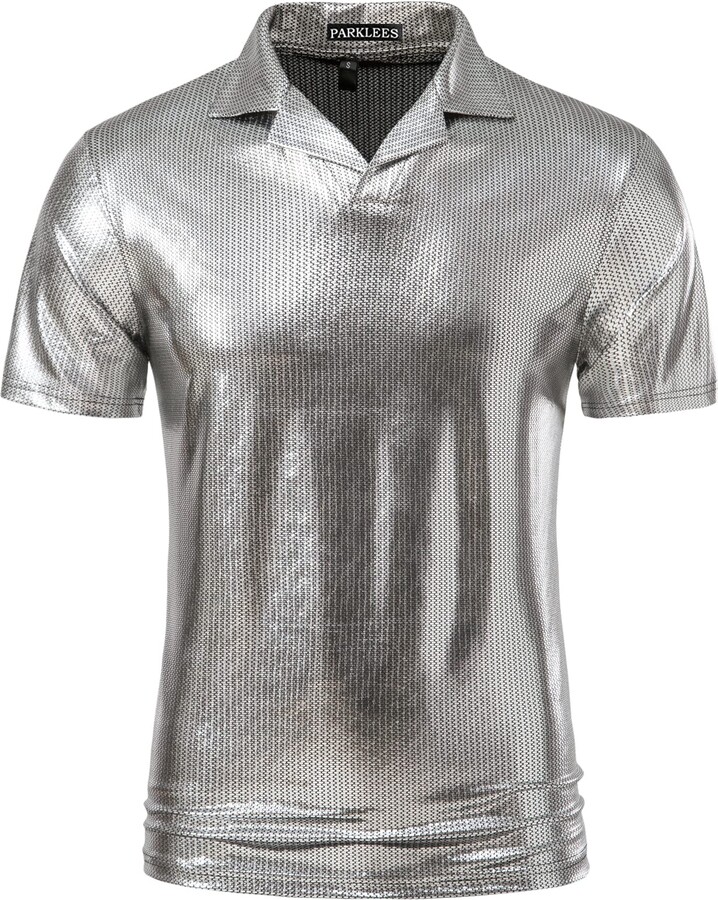 PARKLEES Mens Hipster Metallic Gold Short Sleeve Polo Shirt 70s Disco ...