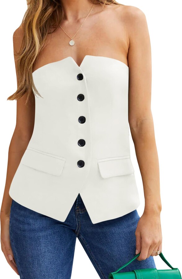 Cicy Bell Notched Neck Tube Tops Blazer Sleeveless Button Fitted ...
