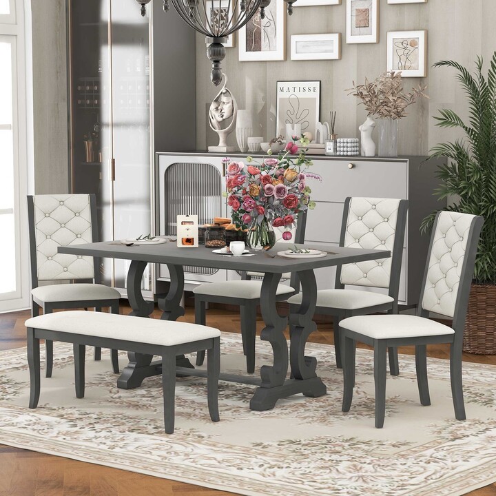 RASOO Retro 6-Piece Dining Set with Flemish Scroll Legs and Foam ...