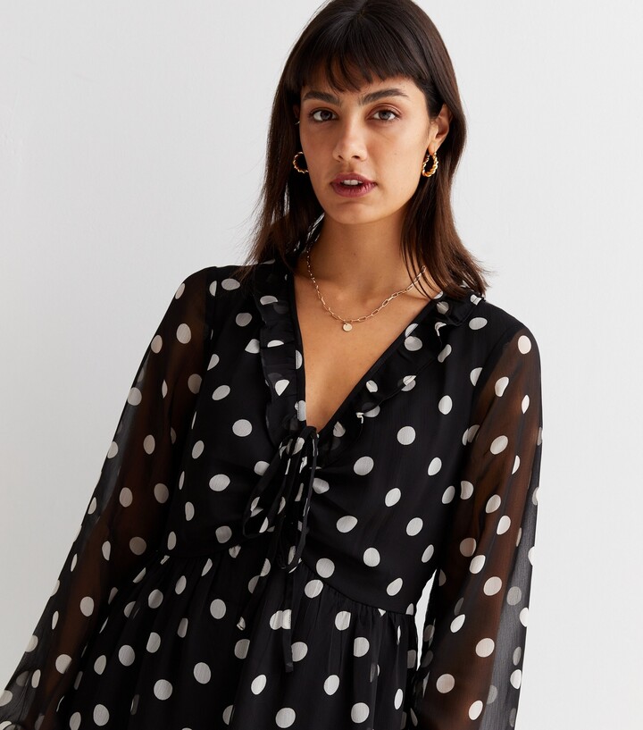 New Look Women's Black Spot Chiffon Frill V Neck Long Sleeve Mini Dress ...