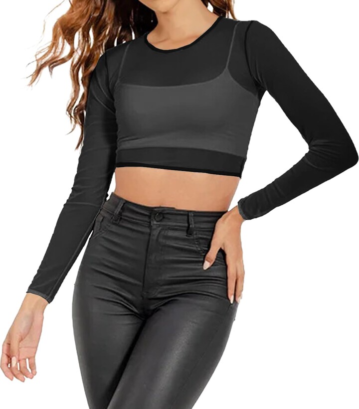 NetSetUK Womens Sheer Mesh Long Sleeve Sheer Blouse Insert See-Through ...