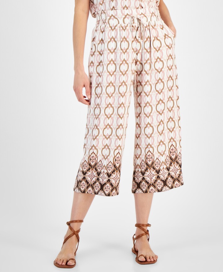 JM Collection Women's Linen Blend Printed Cropped Wide-Leg Pants ...