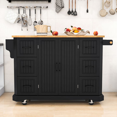 Gracie Oaks Rustic Wooden Kitchen Island Cart with Drop Leaf, Built-in ...