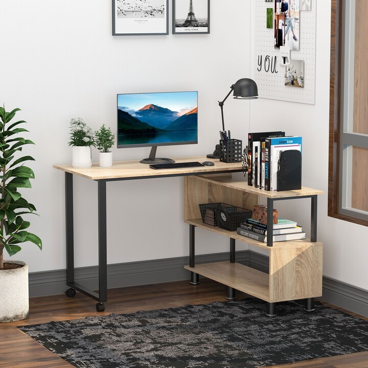 HOMCOM Mobile L-Shaped Rotating Computer Desk with Storage Shelves ...