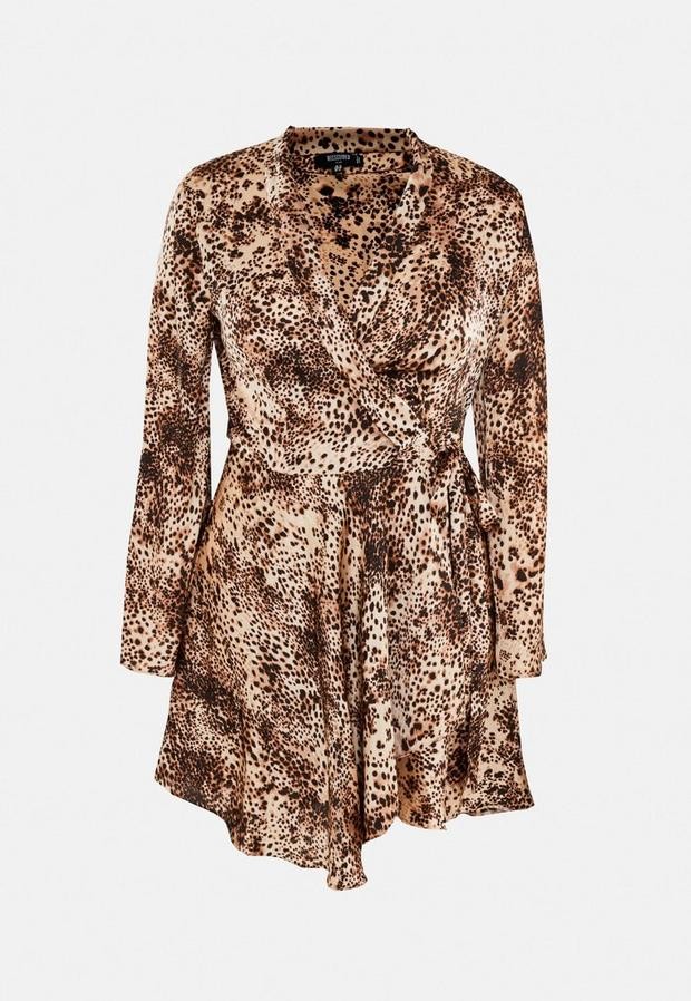 Missguided Plus Size Brown Leopard Print Satin Flare Sleeve Mini Dress ...