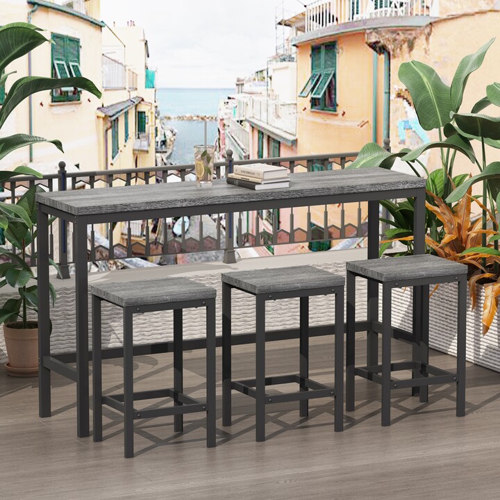 Long Dining Table Set with 3 Stools Pub Kitchen Set Side Table with ...