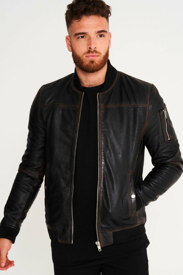 Barneys Originals Washed Leather M1 Bomber Jacket - Black - ShopStyle