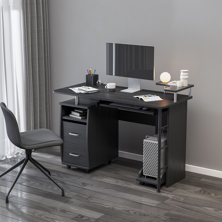 EDWINRAYLLC Solid Wood Computer Desk,With PC Droller,Storage Shelves ...